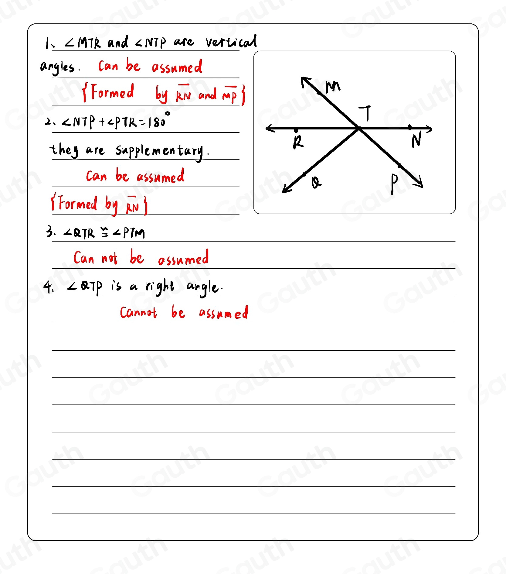 Solved: Determine whether each statement can or cannot be assumed from the figure. 1. ∠ MTR and ...