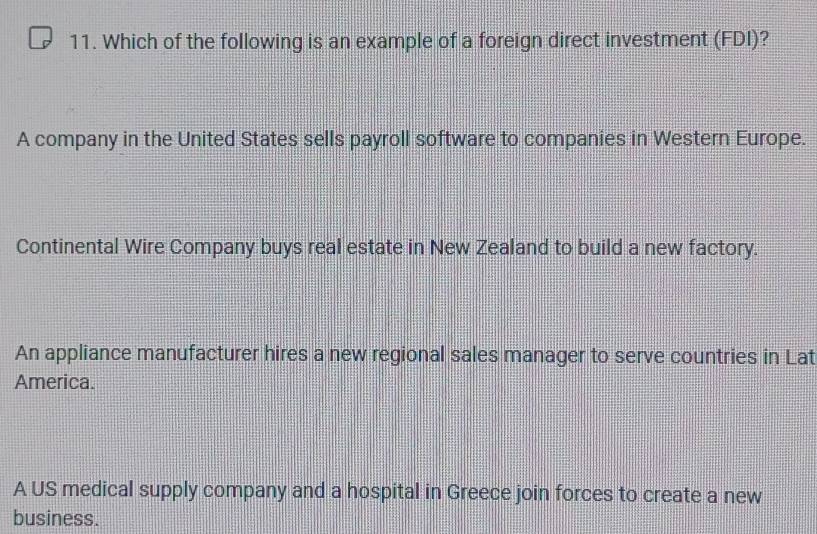 Solved: Which of the following is an example of a foreign direct ...