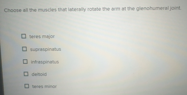 Solved: Choose all the muscles that laterally rotate the arm at the ...