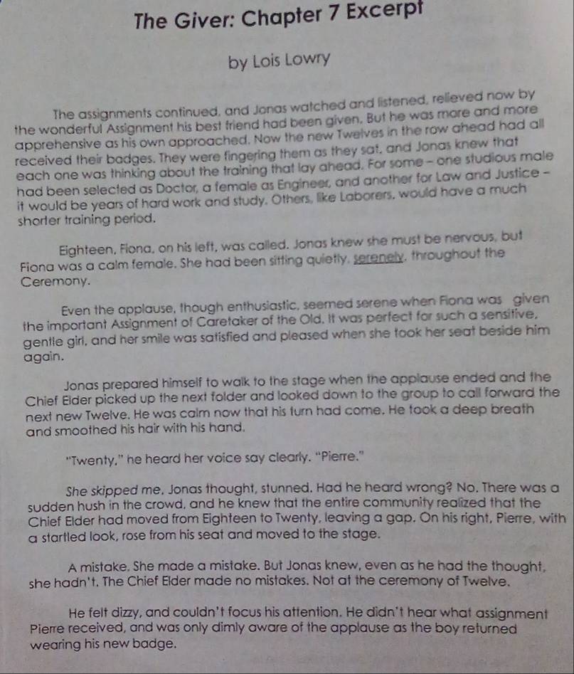 Solved: The Giver: Chapter 7 Excerpt by Lois Lowry The assignments ...