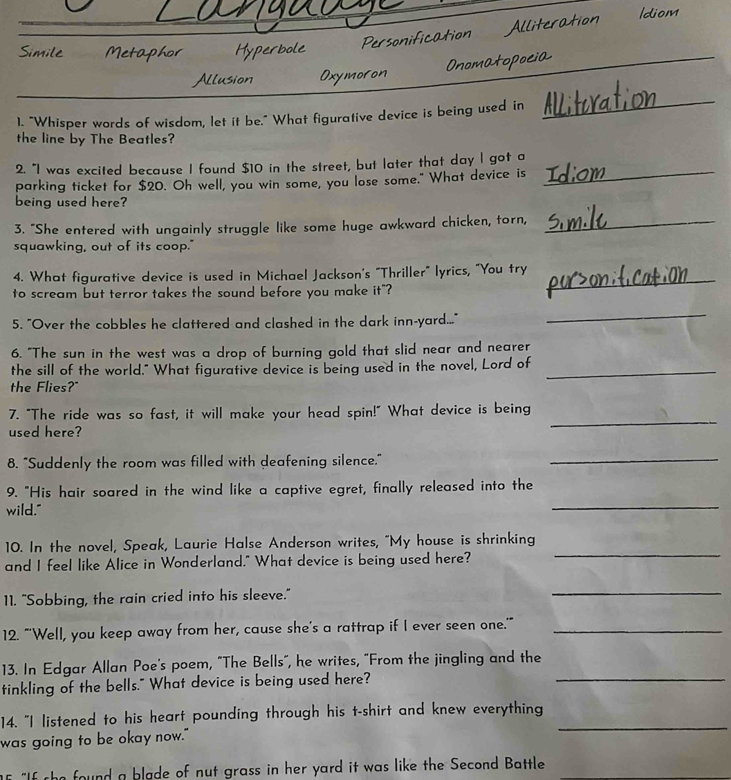 Solved: Hyperbole nification Alliteration Idiom Onomatopocia Allus xymoron 1. "Whisper words ...