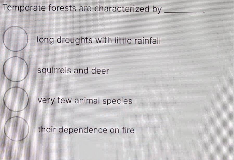 Solved: Temperate forests are characterized by_ long droughts with ...