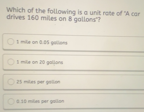Solved: Which of the following is a unit rate of "A car drives 160 ...