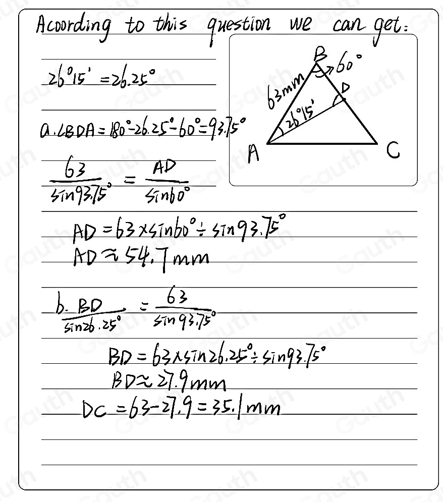Solved: Triangle ABC is equilateral with side 63 mm. A line is drawn ...