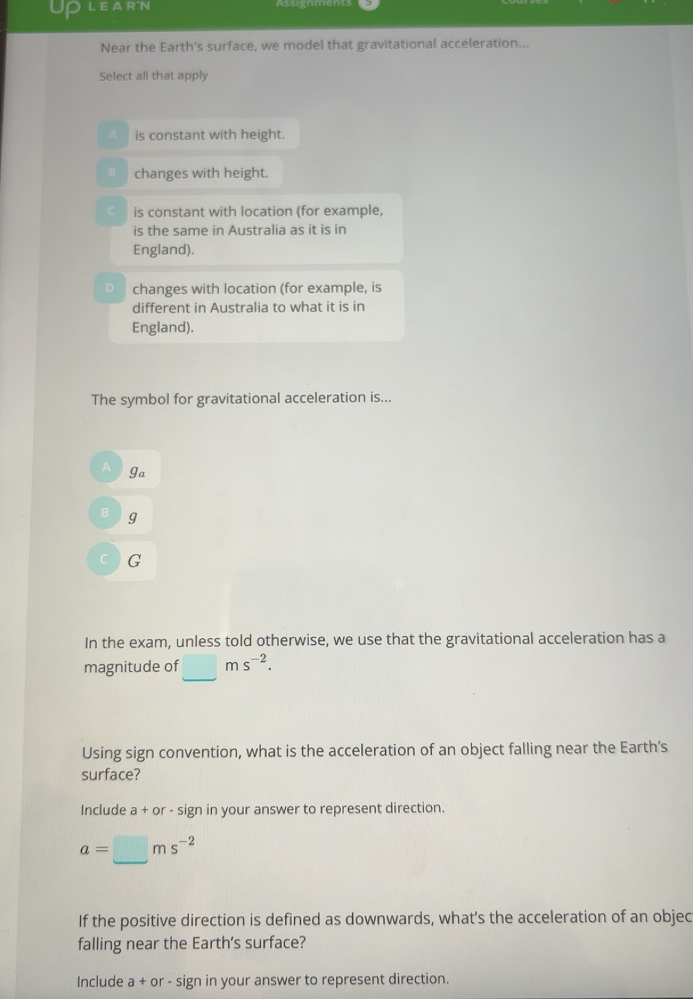 Solved: up L E A R'N Assighment Near the Earth's surface, we model that ...