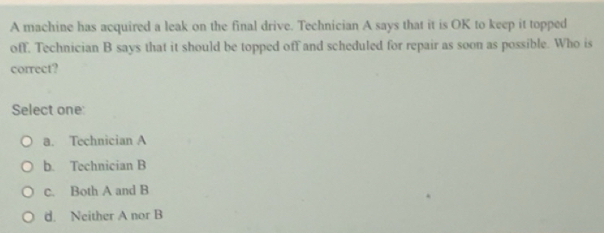 Solved: A machine has acquired a leak on the final drive. Technician A ...
