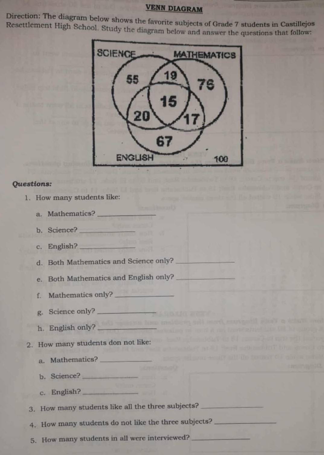 Solved: VENN DIAGRAM Direction: The diagram below shows the favorite ...