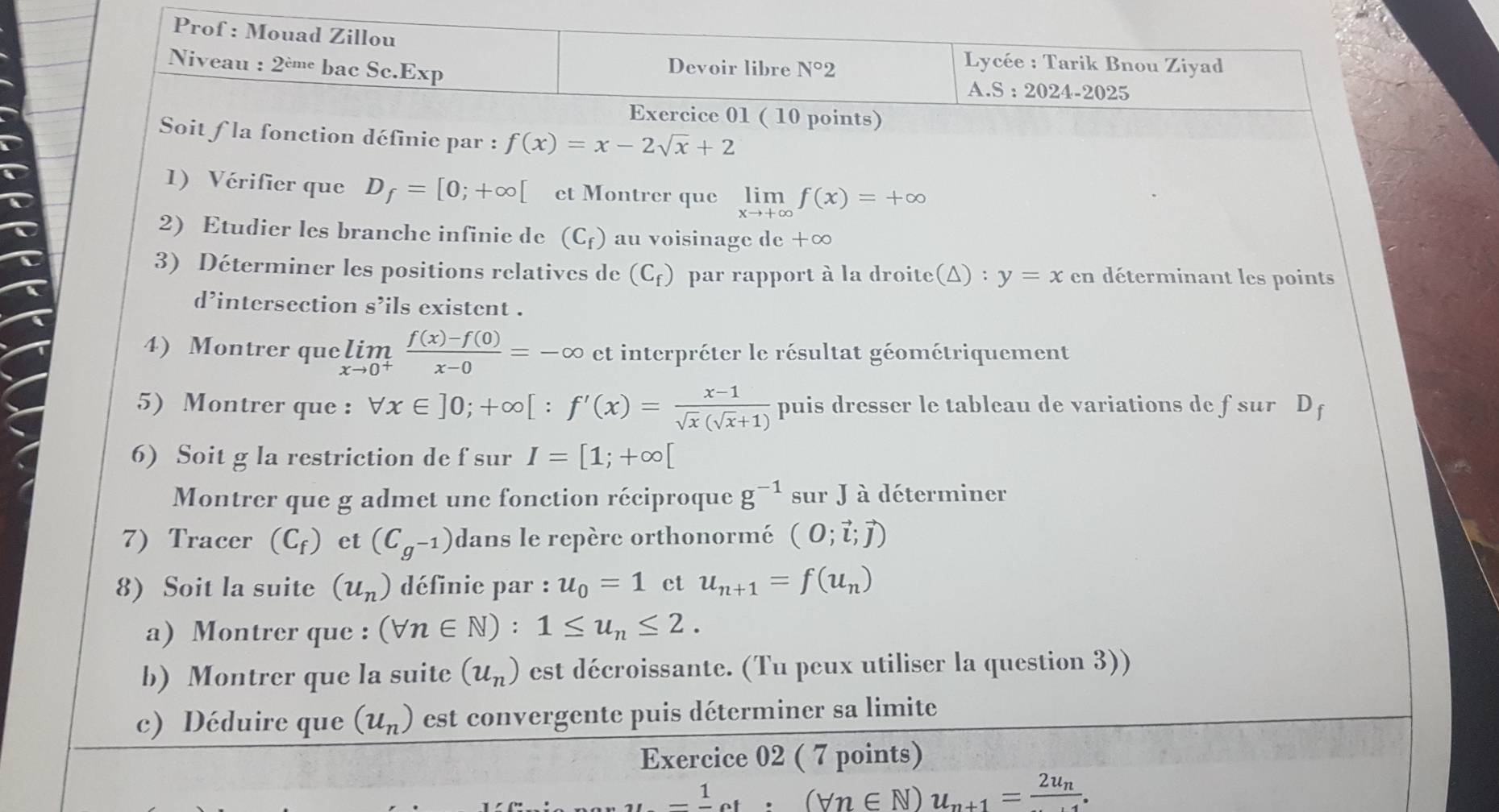 Solved: Prof : Mouad Zillou Devoir libre Lycée : Tarik Bnou Ziyad Niveau : 2èm bac Sc.Exp N°2 ...