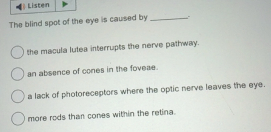Solved: Listen The blind spot of the eye is caused by_ . the macula ...