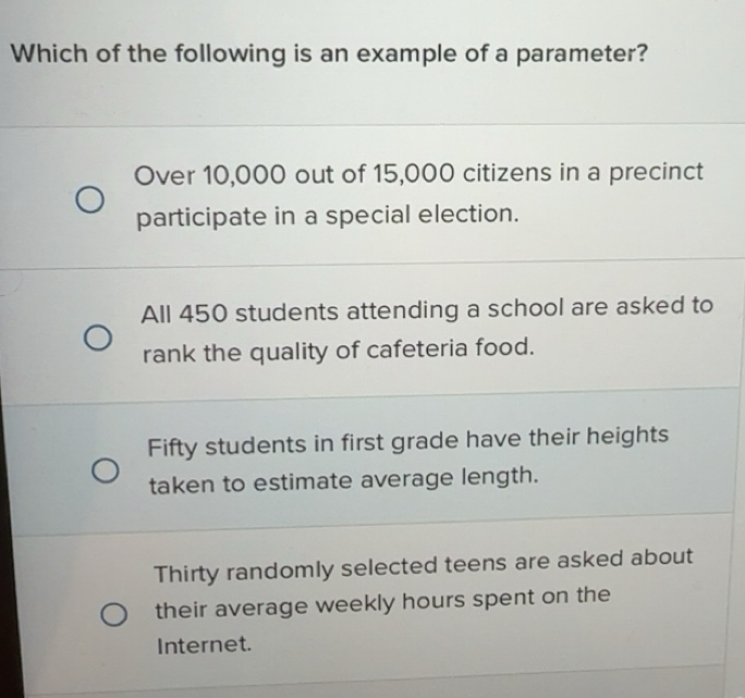 Solved: Which of the following is an example of a parameter? Over ...