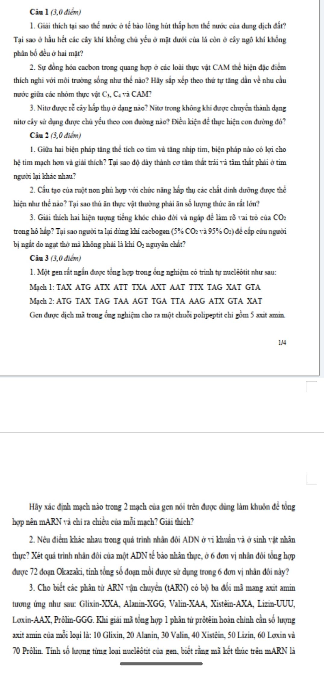 Giải quyết:(3,0 điểm) 1. Giải thích tại sao thế nước ở tế bảo lông hút ...
