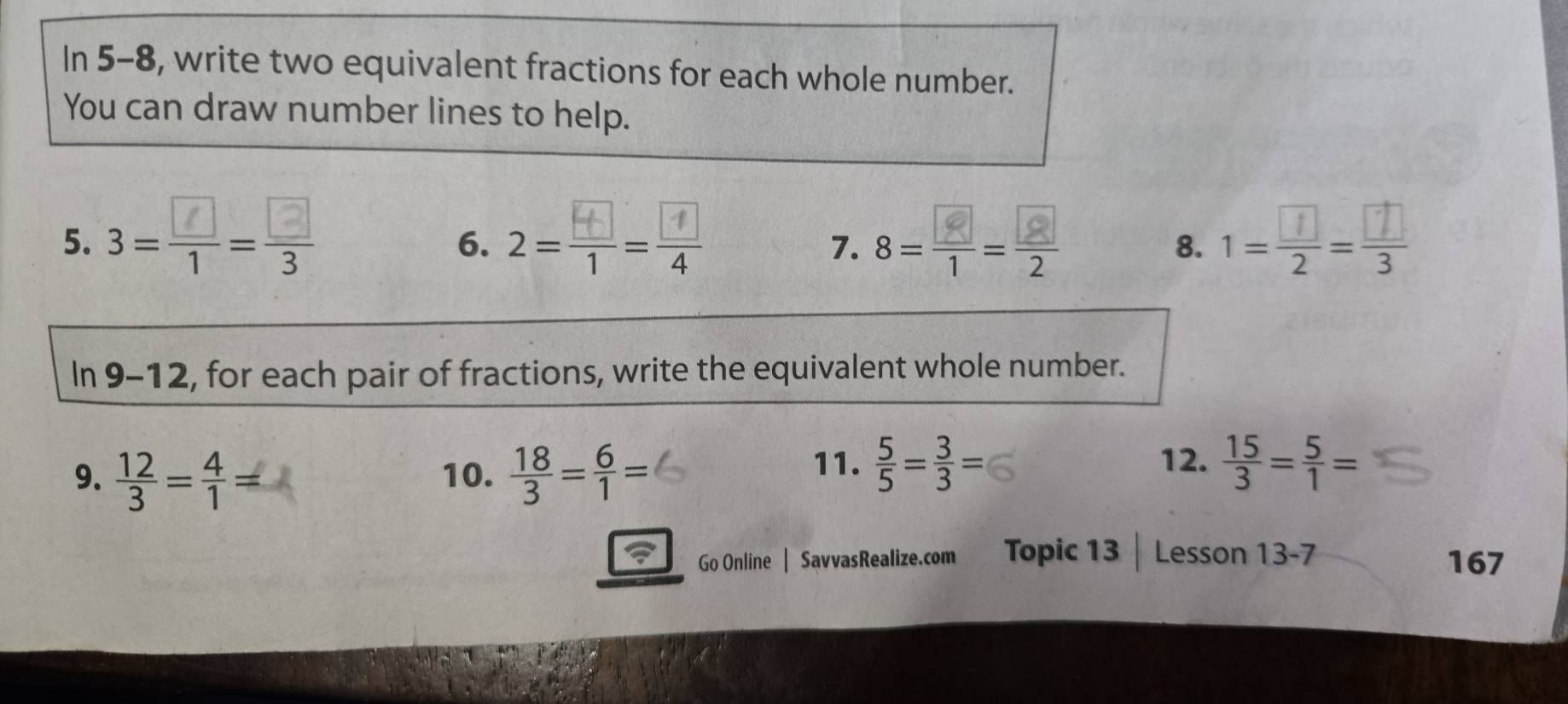 Solved: In 5-8, write two equivalent fractions for each whole number ...