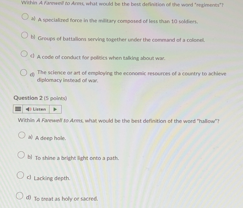 Solved: Within A Farewell to Arms, what would be the best definition of ...