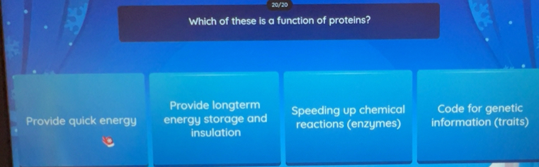 Solved: a 20/20 Which of these is a function of proteins? a Provide ...