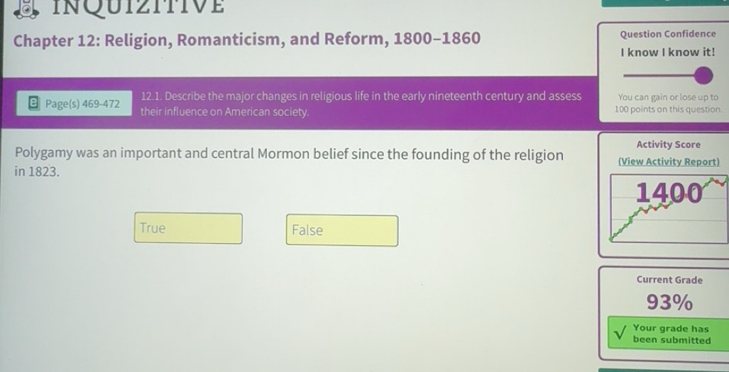 Solved: inQuizitive Chapter 12: Religion, Romanticism, and Reform, 1800-1860 Question Confidence ...
