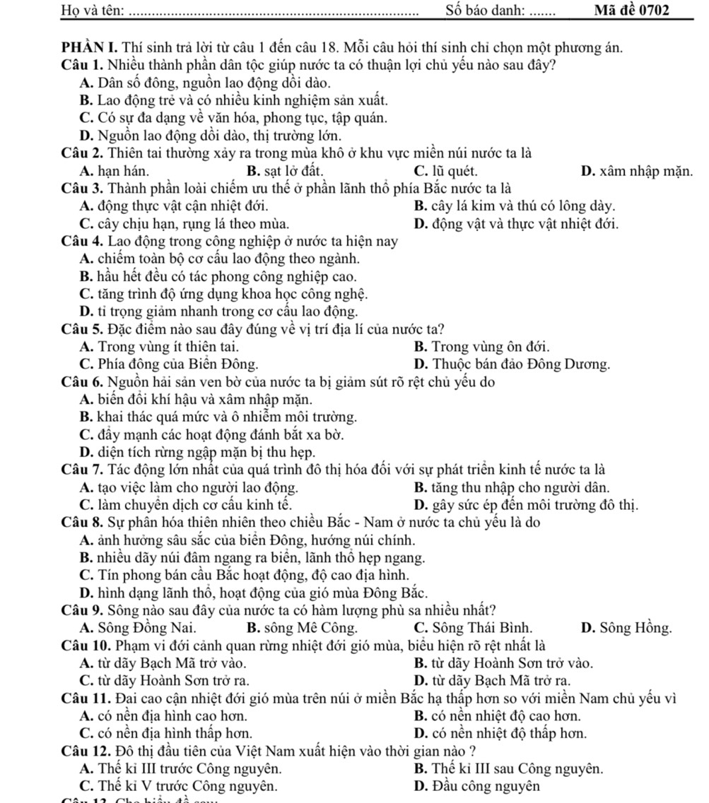 Giải quyết:Họ và tên: _ ố báo danh: _Mã đề 0702 PHÀN I. Thí sinh trả lời từ câu 1 đến câu 18 ...
