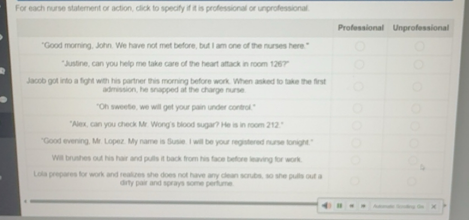 Solved: For each nurse statement or action, click to specify if it is ...