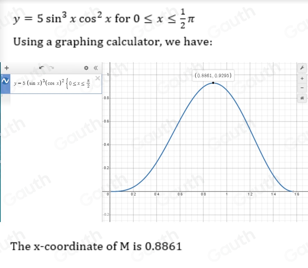 Solved: The diagram shows the curve y=5sin^3xcos^2x for 0≤slant x≤slant ...