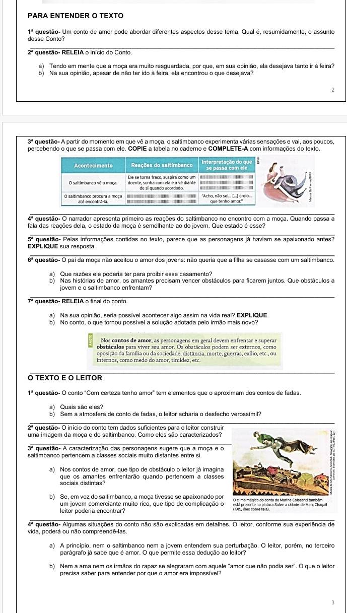 Resolvido:PARA ENTENDER O TEXTO 1^a questão- Um conto de amor pode ...
