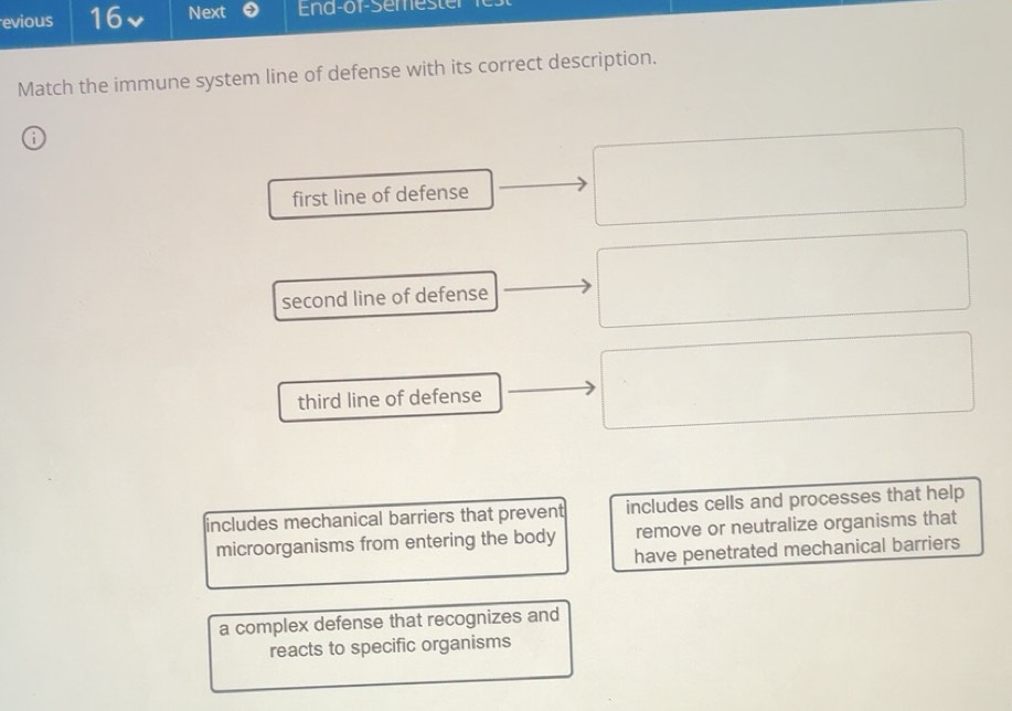 Solved: evious 16v Next End-of-Semester Match the immune system line of ...
