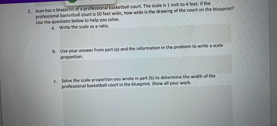 Juan has a blueprint of a professional basketball court. The scale is 1 ...