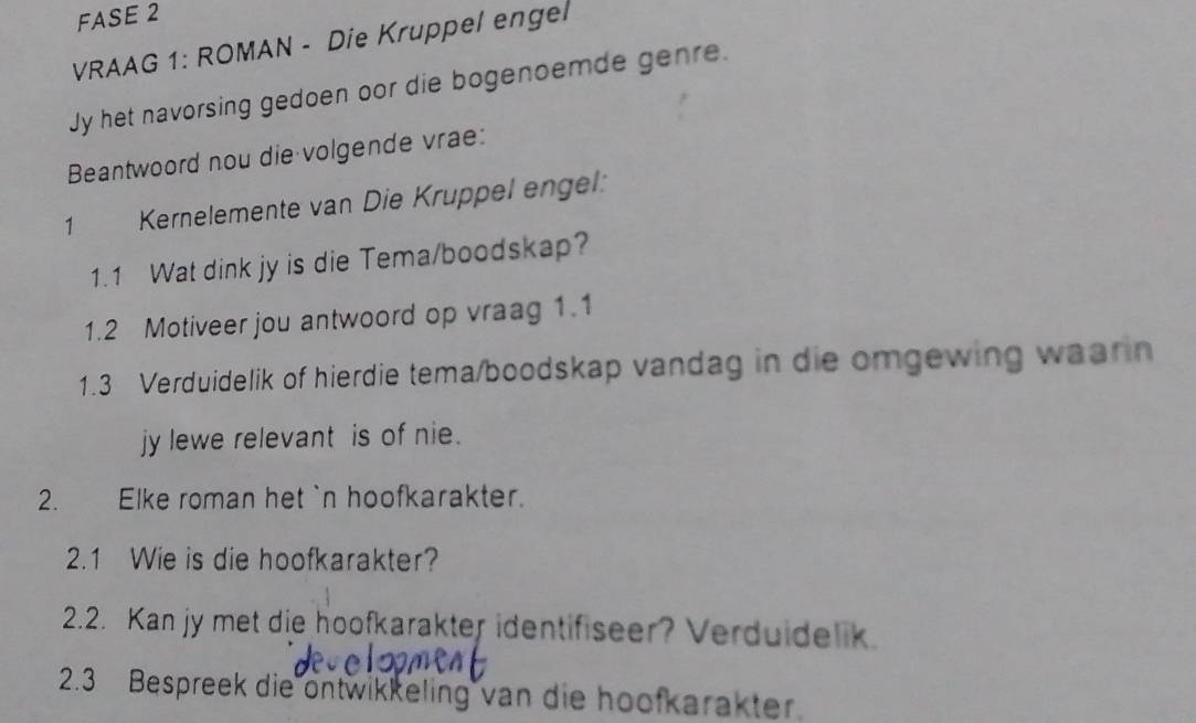 Solved: FASE 2 VRAAG 1: ROMAN - Die Kruppel engel Jy het navorsing ...