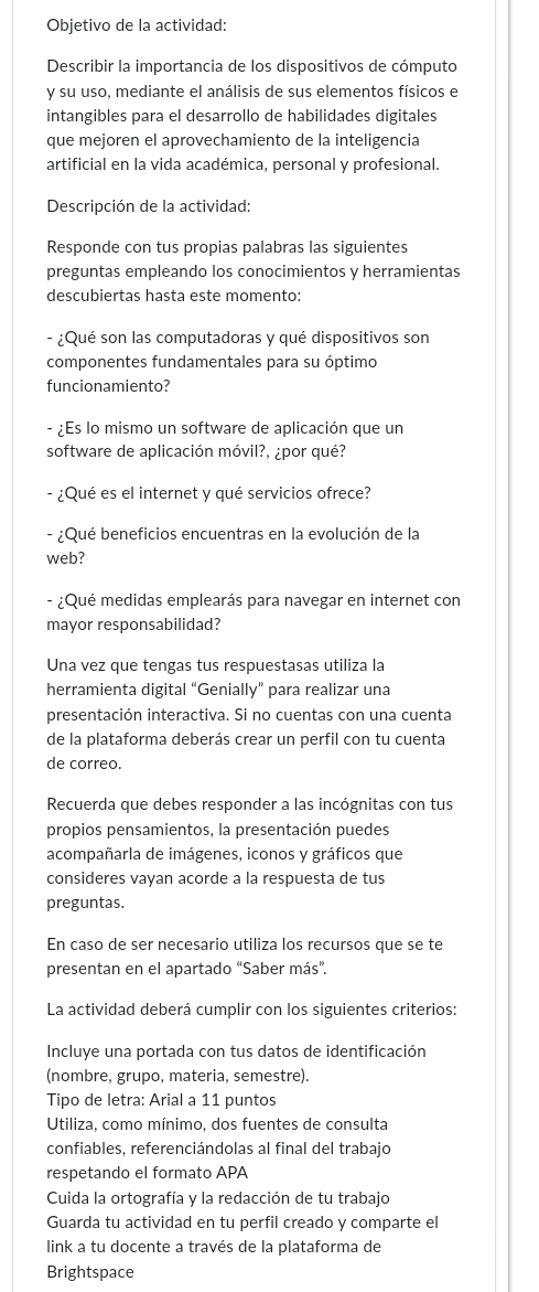 Resuelto:Objetivo de la actividad: Describir la importancia de los dispositivos de cómputo y su uso