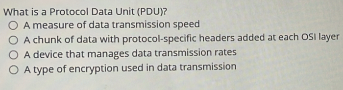 Solved: What is a Protocol Data Unit (PDU)? A measure of data transmission speed A chunk of data ...