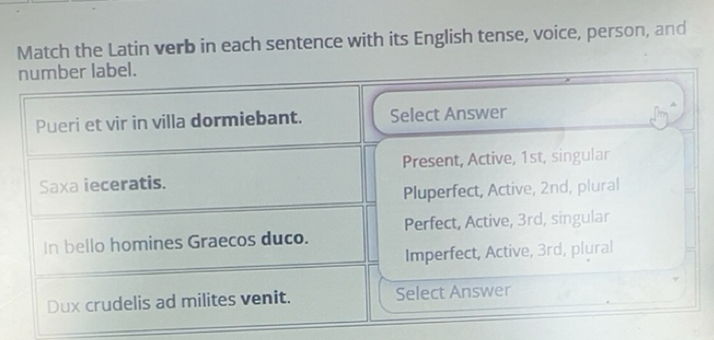 Solved: Match the Latin verb in each sentence with its English tense ...