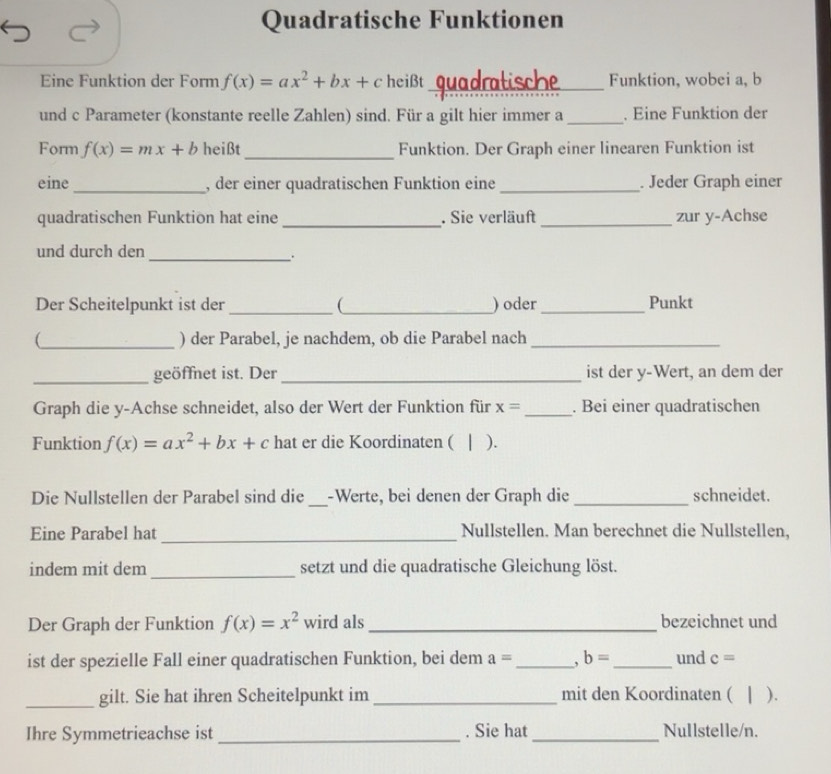 Gelöst:Quadratische Funktionen _ Eine Funktion der Form f(x)=ax^2+bx+c ...