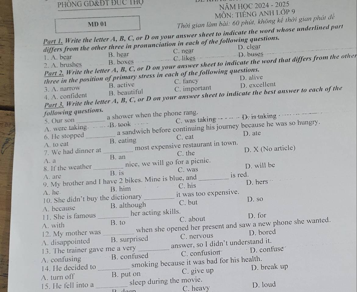Giải quyết:PHÔNG GD&ĐT ĐUc THụ NÃM HQC 2024 - 2025 MD 01 MÔN: TIENG ANH ...