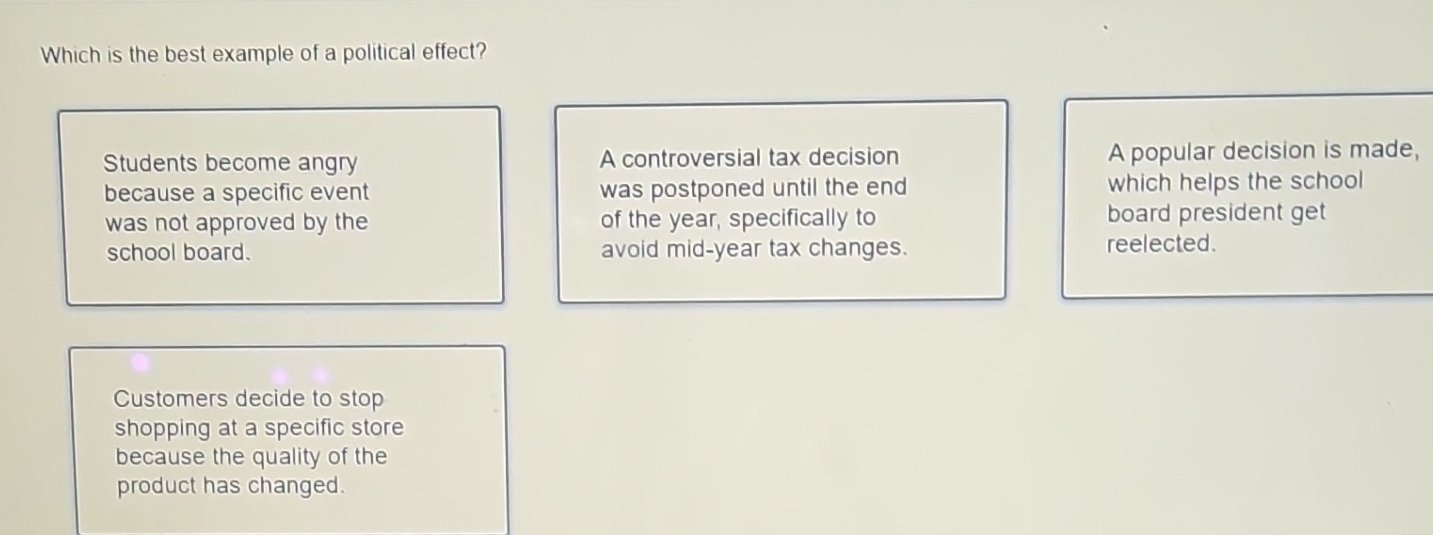 Solved: Which is the best example of a political effect? Students ...