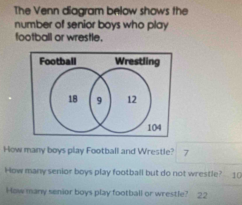 Solved: The Venn diagram below shows the number of senior boys who play ...