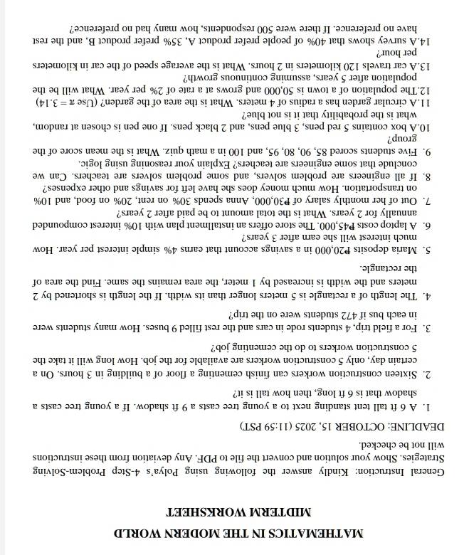 Solved: MATHEMATICS IN THE MODERN WORLD MIDTERM WORKSHEET General ...