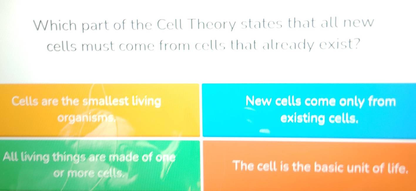 Solved: Which part of the Cell Theory states that all new cells must ...