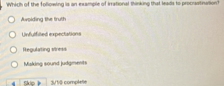 Solved: Which of the following is an example of irrational thinking ...