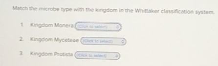Solved: Match the microbe type with the kingdom in the Whittaker ...