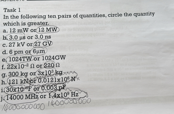 Solved: Task 1 In the following ten pairs of quantities, circle the ...