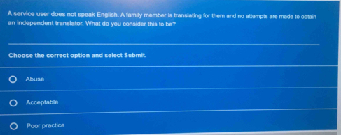 Solved: A service user does not speak English. A family member is translating for them and no ...