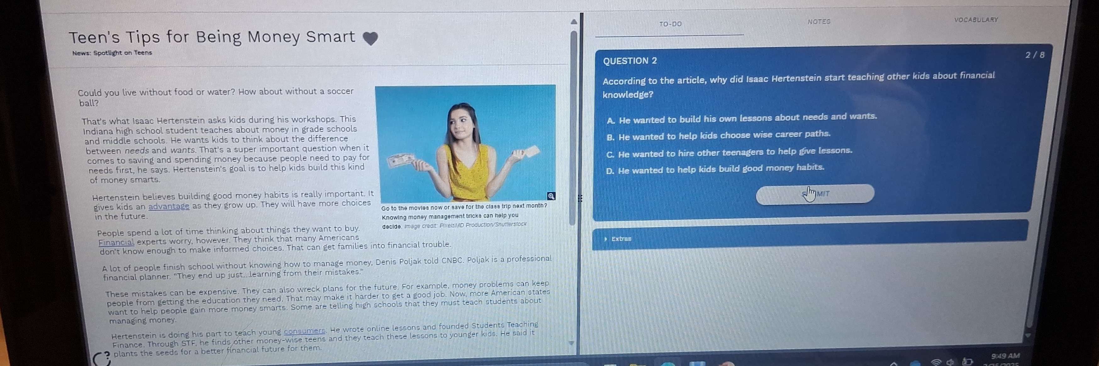 Solved: NOTES Teen's Tips for Being Money Smart QUESTION 2 2 / 8 Could ...