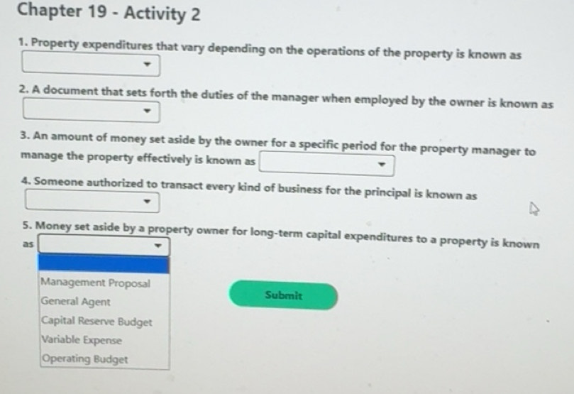 Solved: Chapter 19 - Activity 2 1. Property expenditures that vary ...