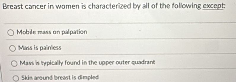 Solved: Breast cancer in women is characterized by all of the following ...