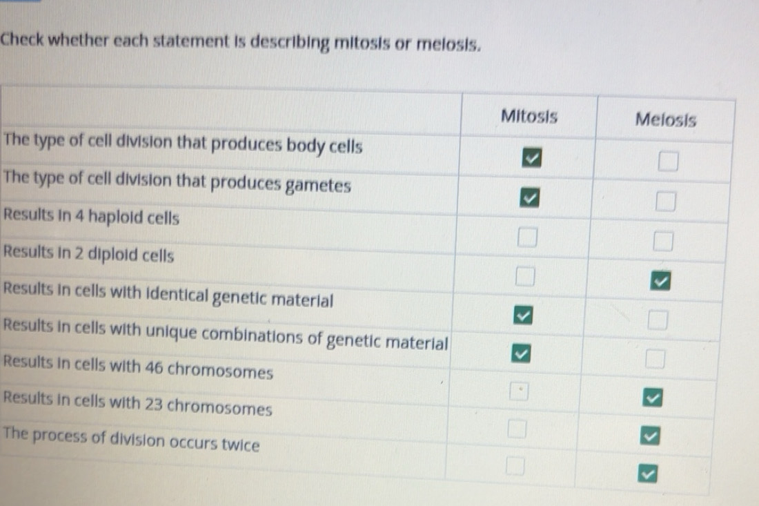 Solved: Check whether each statement is describing mitosis or melosis ...