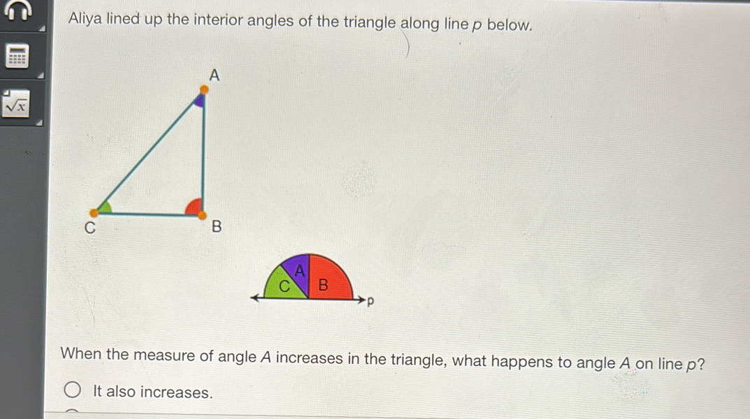 Solved: Aliya lined up the interior angles of the triangle along line p ...
