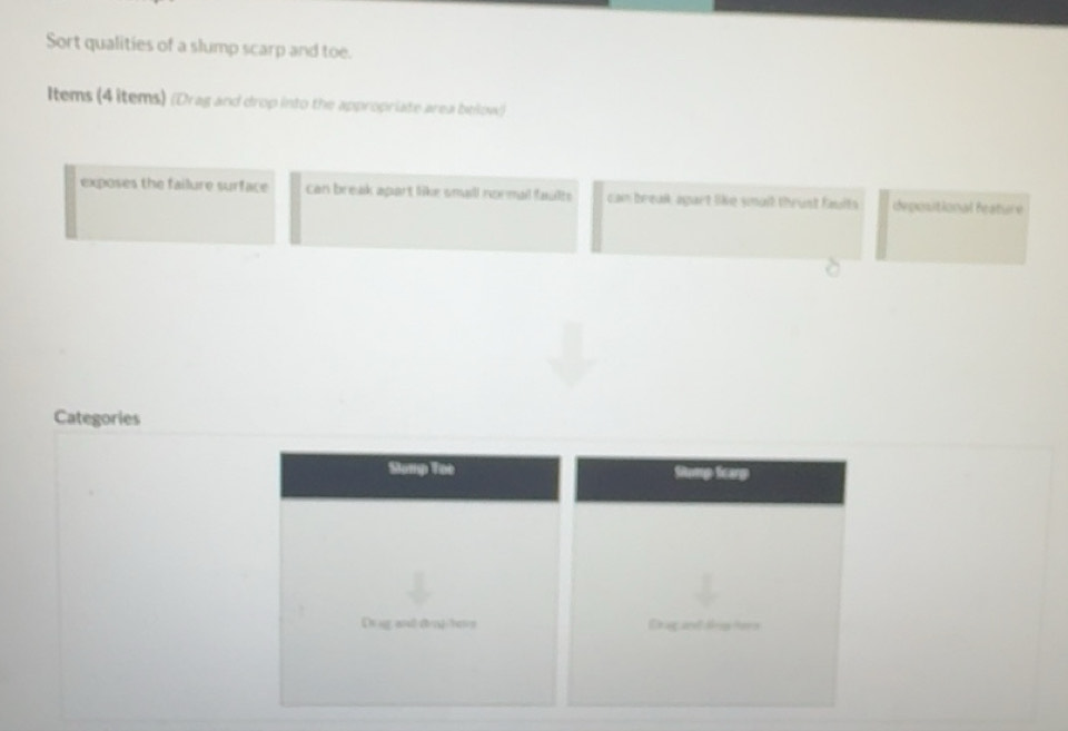Solved: Sort qualities of a slump scarp and toe. Items (4 items) (Drag ...