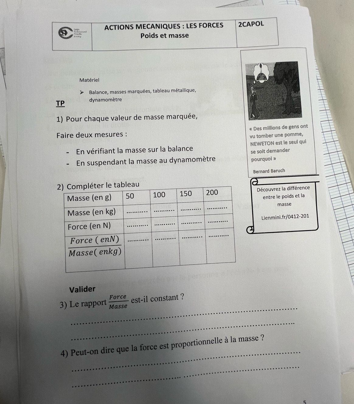 Résolu :ACTIONS MECANIQUES : LES FORCES 2CAPOL Poids et masse Matériel ...