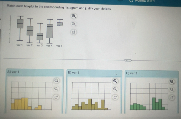 Solved: Points: 0 or 1 Match each boxplot to the corresponding histogram and justify your ...