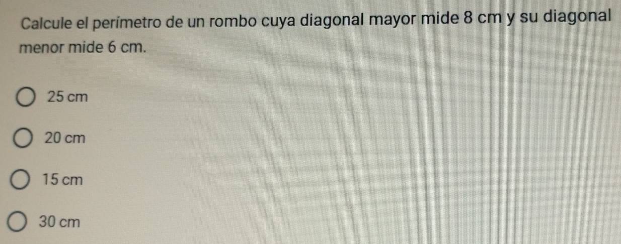 Solved: Calcule el perímetro de un rombo cuya diagonal mayor mide 8 cm ...