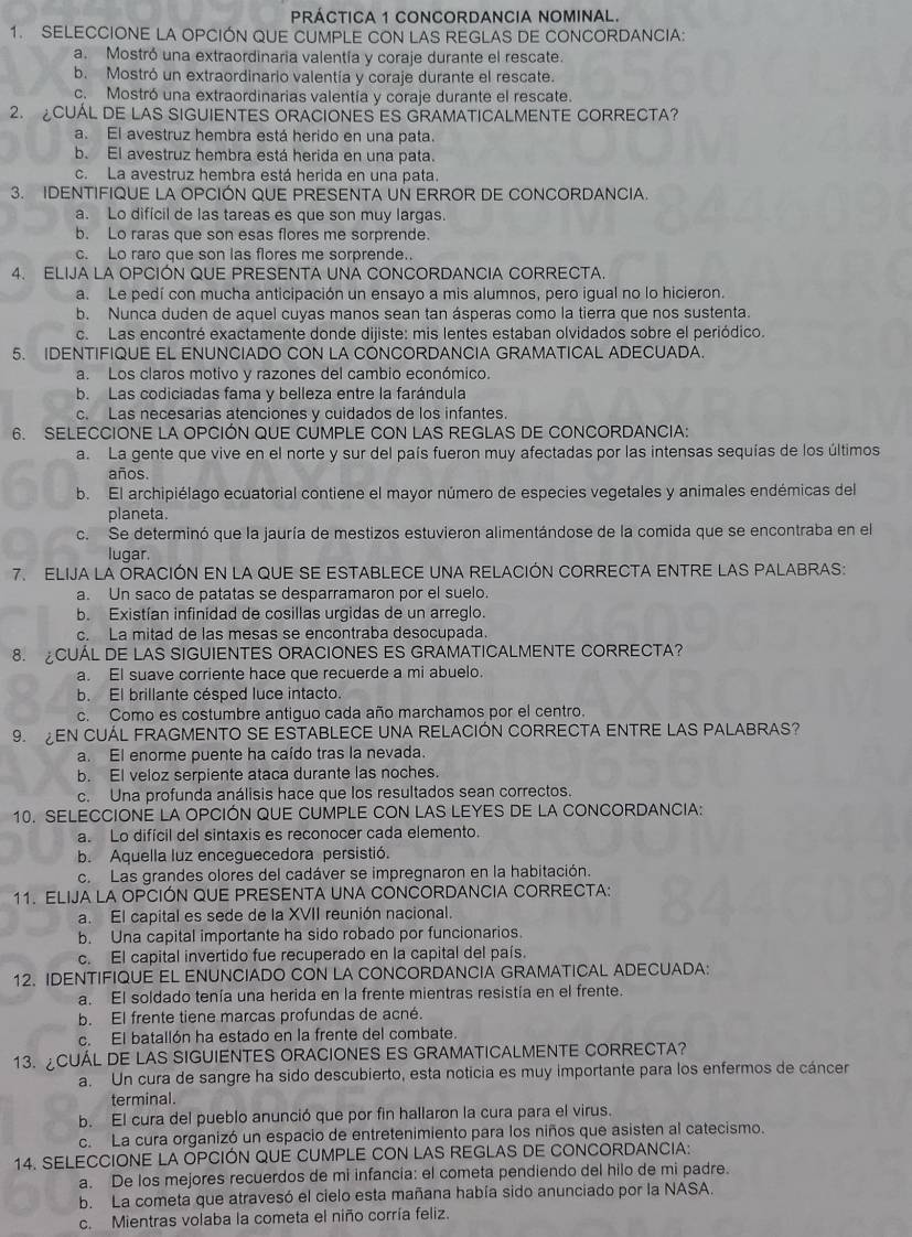Resuelto:práctica 1 concoRDancia nominal. 1. SELECCIONE LA OPCIÓN QUE ...
