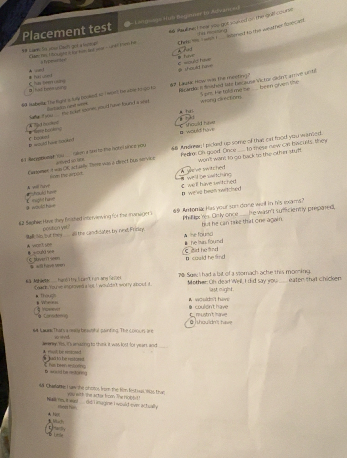 Solved: Placement test Language Hub Beginner to Advanced 66 Pauline; I ...